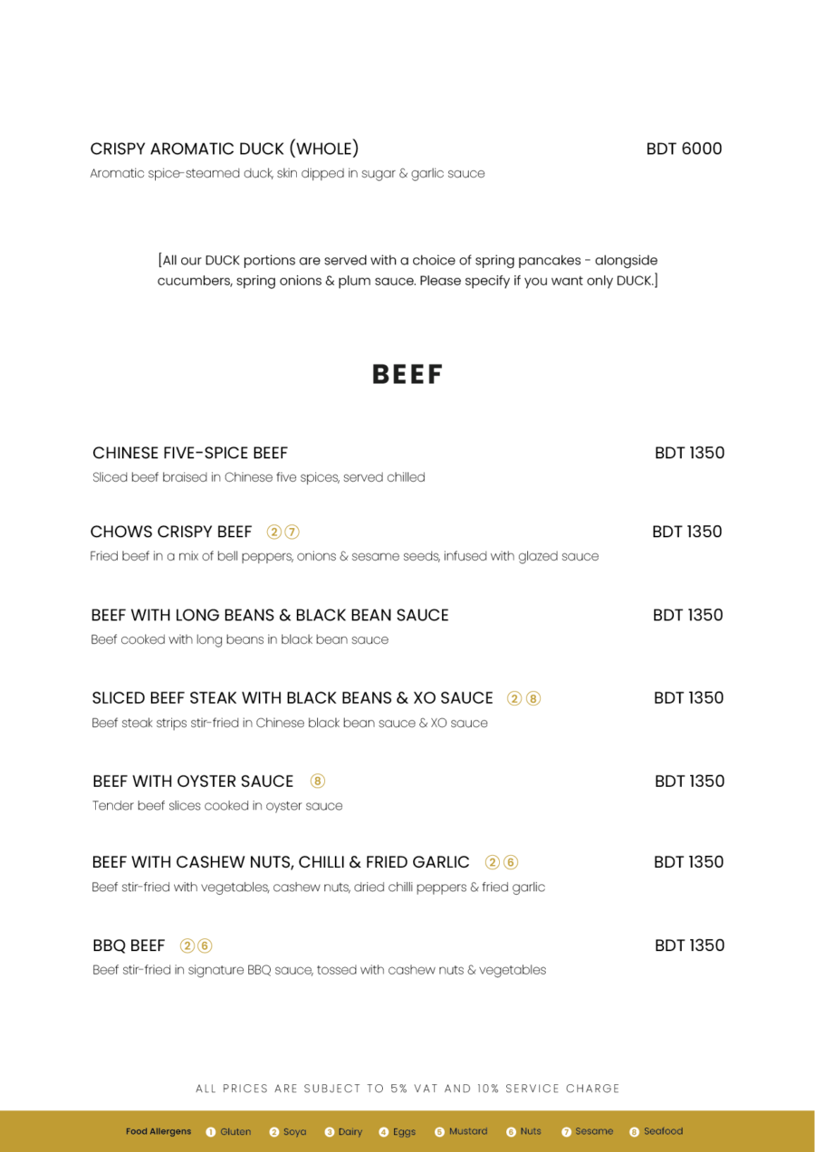 Mains Menu | Chows Restaurant in Banani